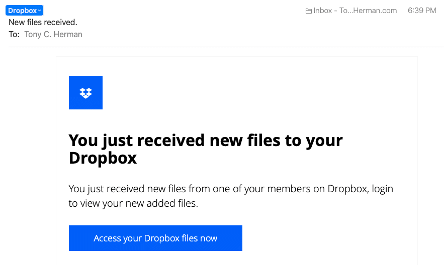Dropbox Email Phishing Scam | TonyHerman.com Dropbox Email Phishing Scam | TonyHerman.com